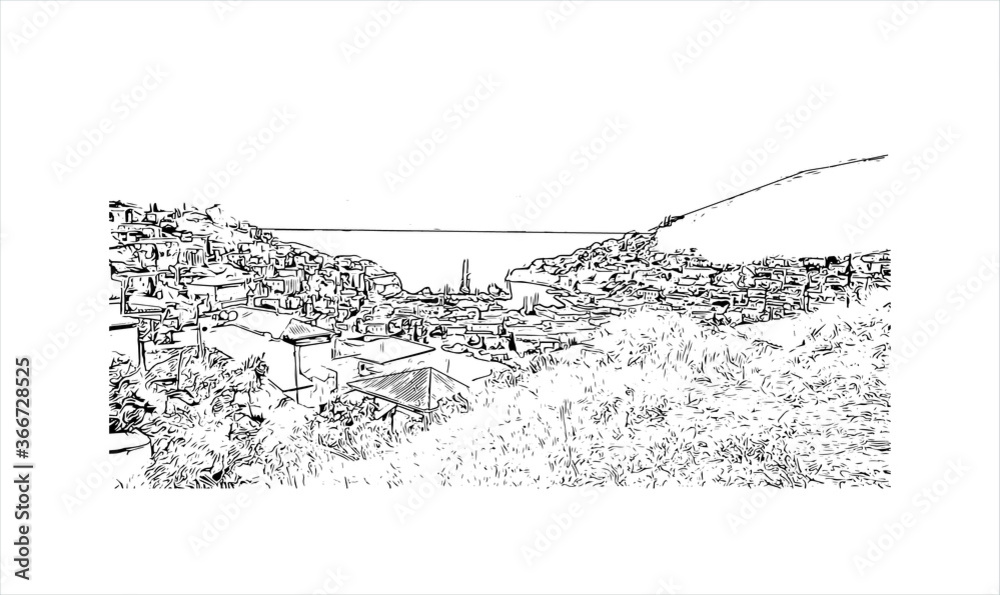 Building view with landmark of Hydra town is the capital and main ...