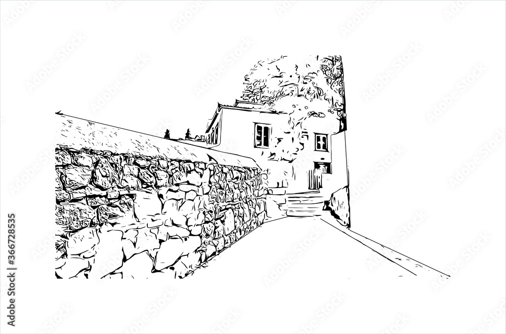 Building view with landmark of Hydra town is the capital and main ...