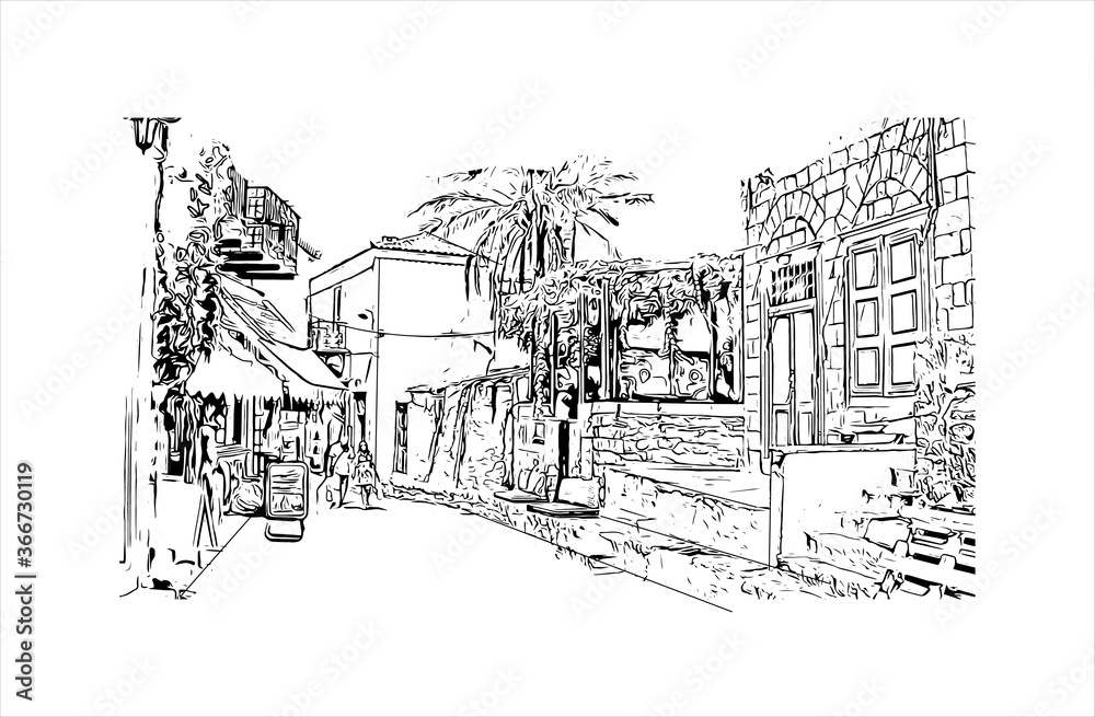 Building view with landmark of Hydra town is the capital and main ...