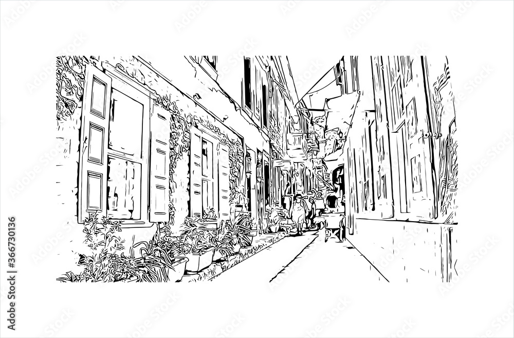 Building view with landmark of Hydra town is the capital and main ...