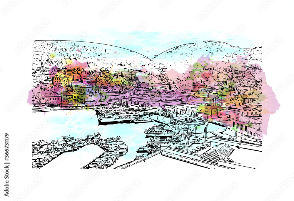 Building view with landmark of Hydra town is the capital and main ...