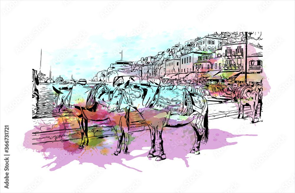 Building view with landmark of Hydra town is the capital and main ...