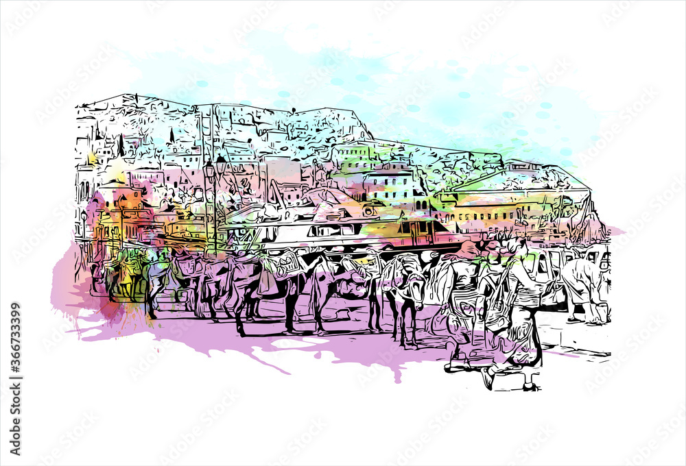 Building view with landmark of Hydra town is the capital and main ...