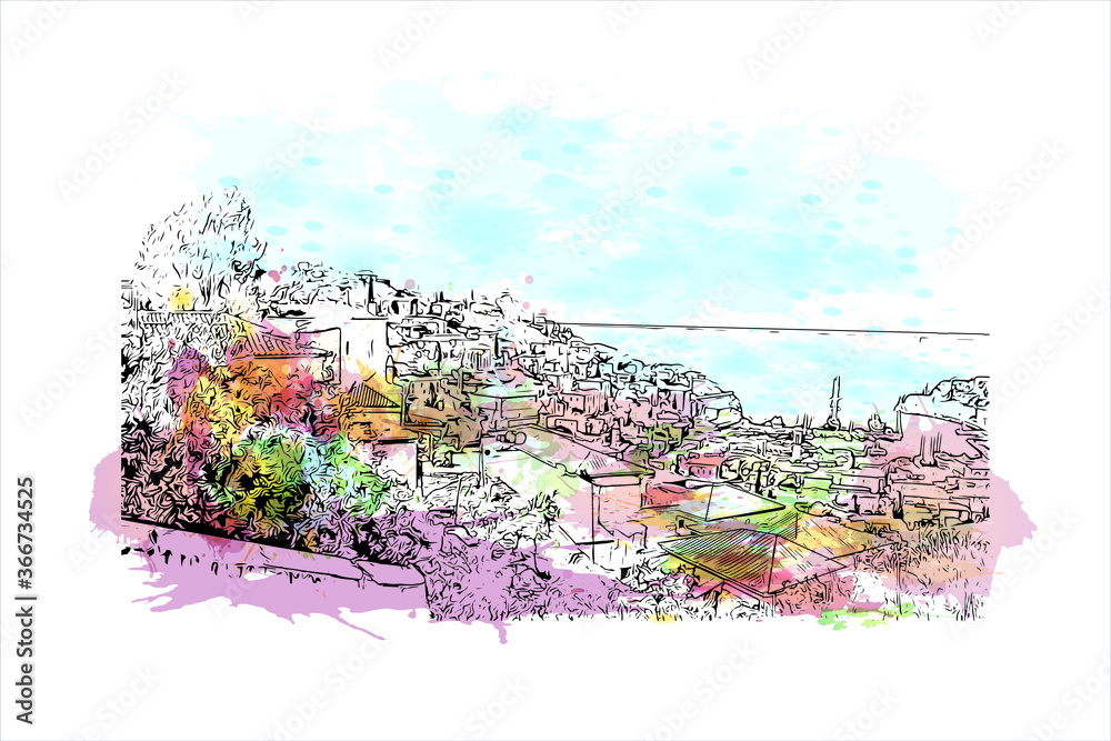 Building view with landmark of Hydra town is the capital and main ...