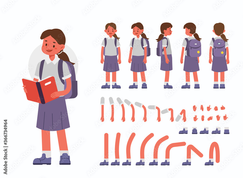 School Girl Character Constructor for Animation. Front, Side and Back ...
