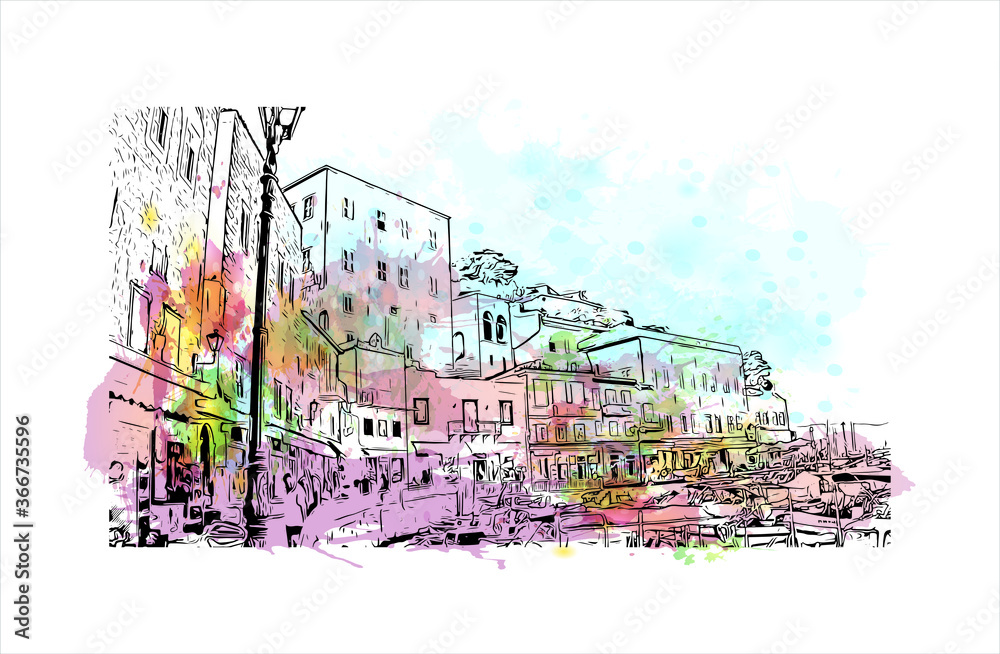Building view with landmark of Hydra town is the capital and main ...