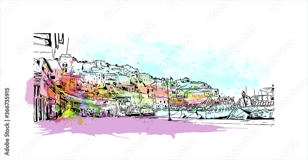 Building view with landmark of Hydra town is the capital and main ...