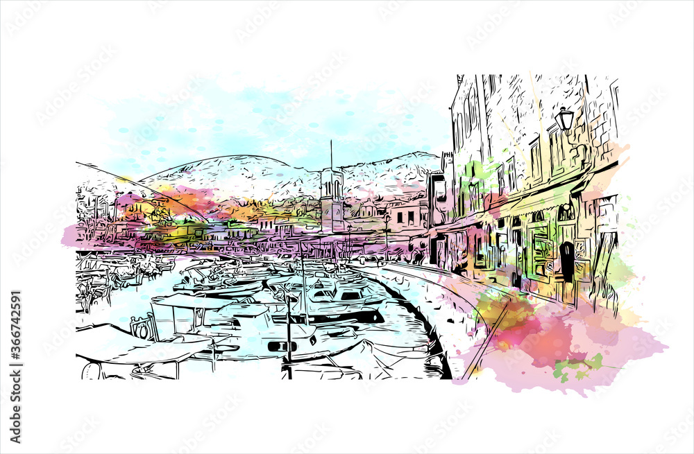 Building view with landmark of Hydra town is the capital and main ...