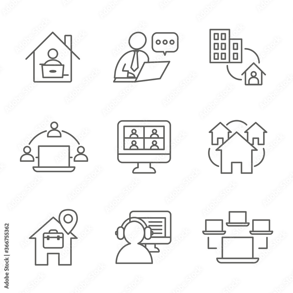 Remote work icon set with work from home, video meetings, etc Stock ...