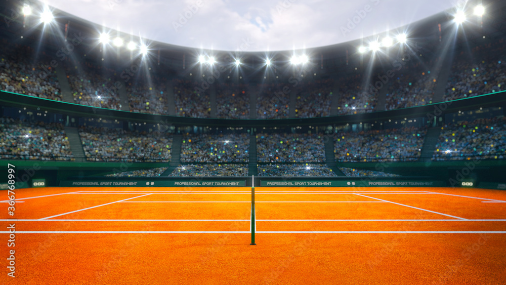 Orange clay tennis court and illuminated outdoor arena with fans ...