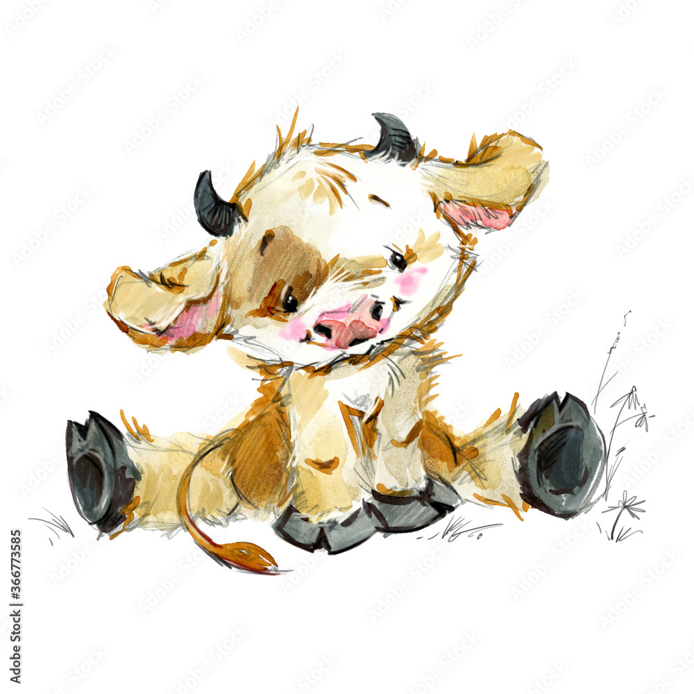 cute little calf. funny cow watercolor illustration. cartoon bul. farm ...