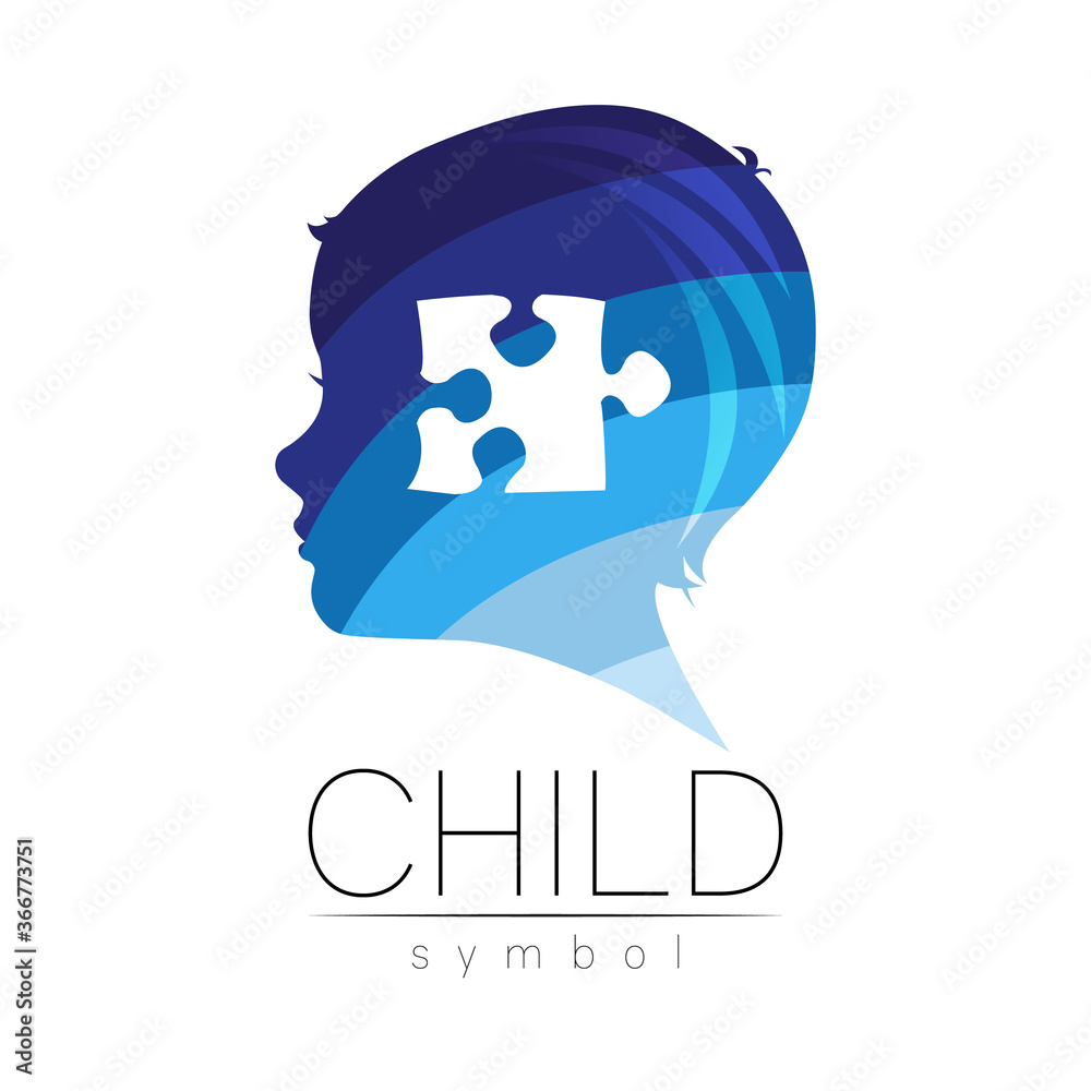 Child logotype with puzzle in few blue colors, vector. Silhouette ...