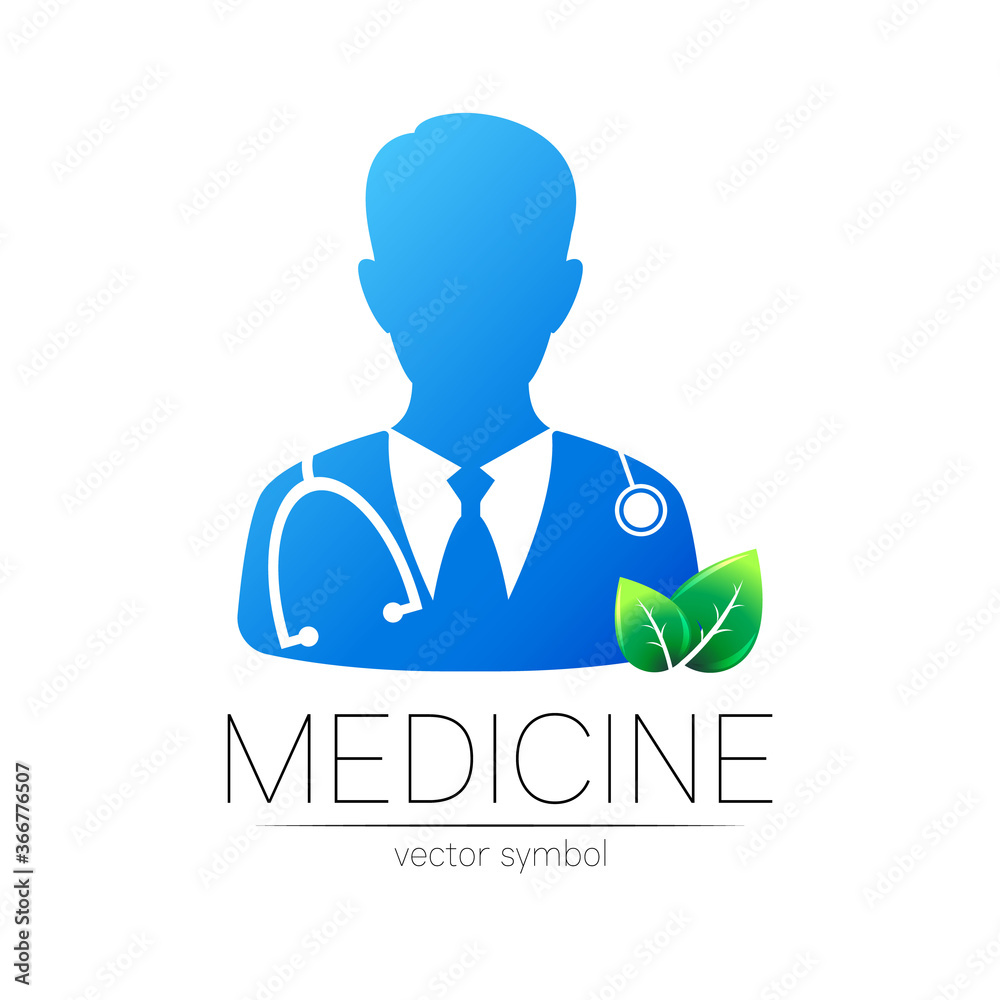 Doctor vector logotype in blue color with green leaf. Silhouette ...