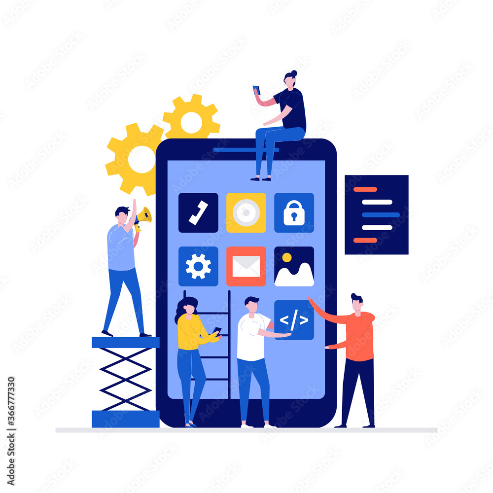 Mobile app development vector illustration concept with characters ...