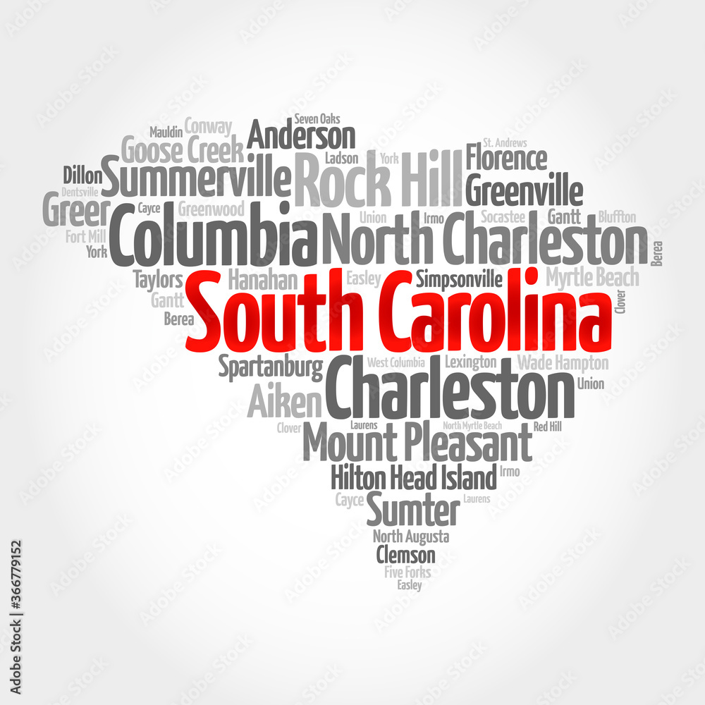 List of cities in South Carolina USA state, map silhouette word cloud ...