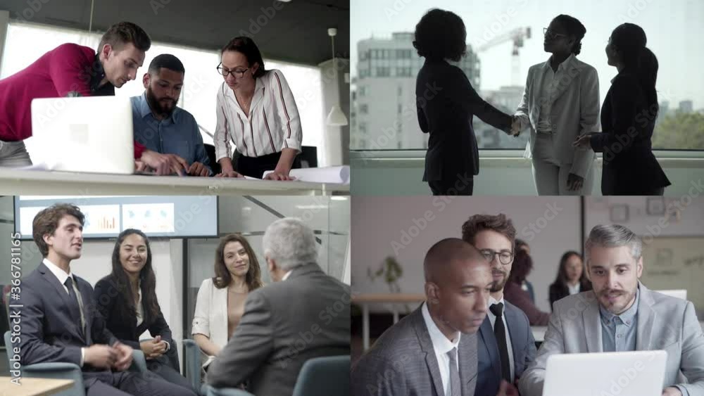 Collage of office employees communicating and using laptop. Content ...