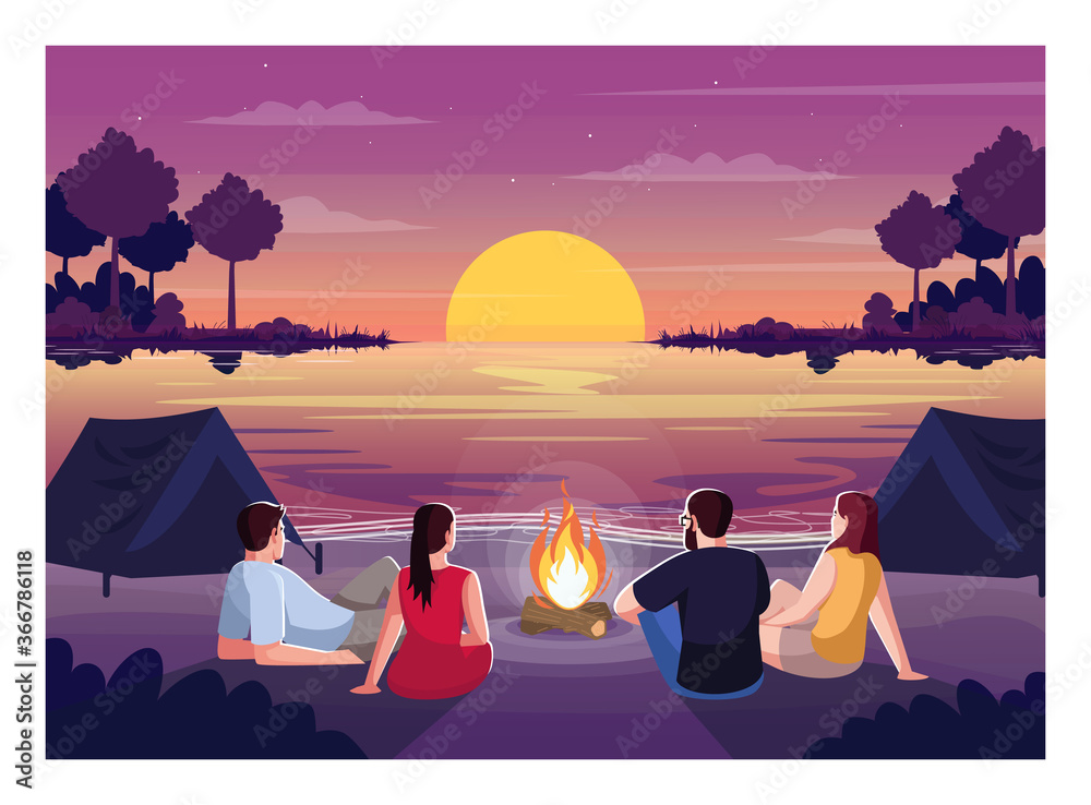 Beach camping night semi flat vector illustration. People lounge ...