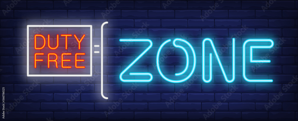 Duty free zone neon sign. Glowing inscription with outdoor billboard on ...