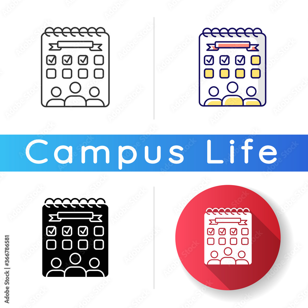 Campus events icon. Student entertainment. Campus life. Planner and ...