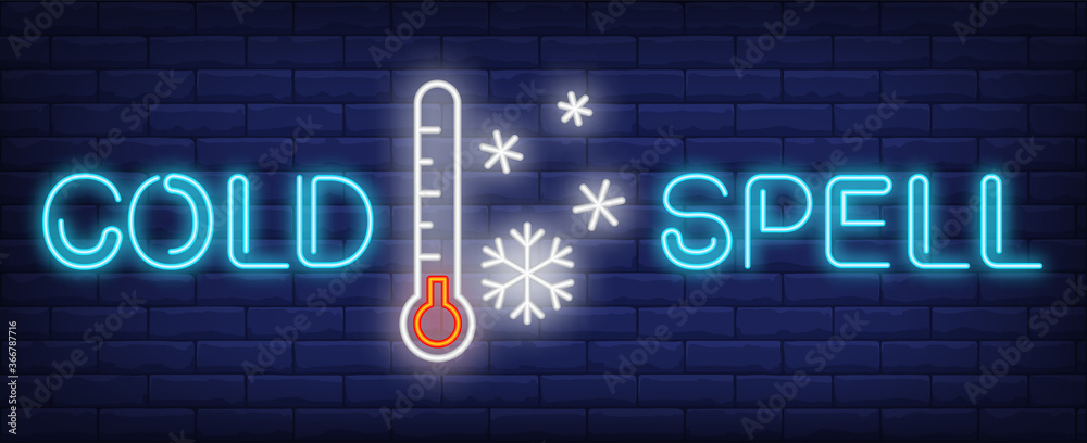 Cold spell neon text with thermometer. Winter and Christmas ...