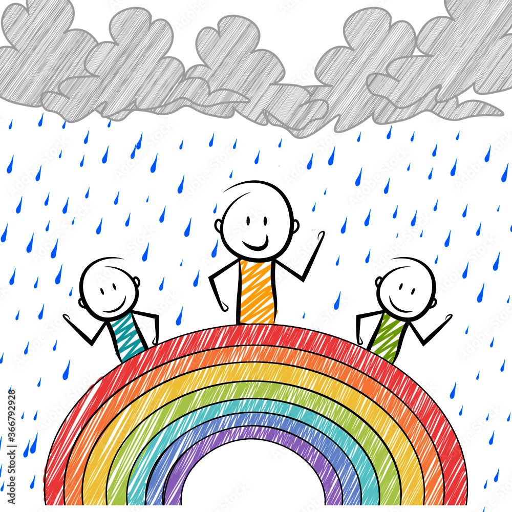cartoon stickman: rainy season,rain,monsoon,rainbow,vibgyor, protected ...