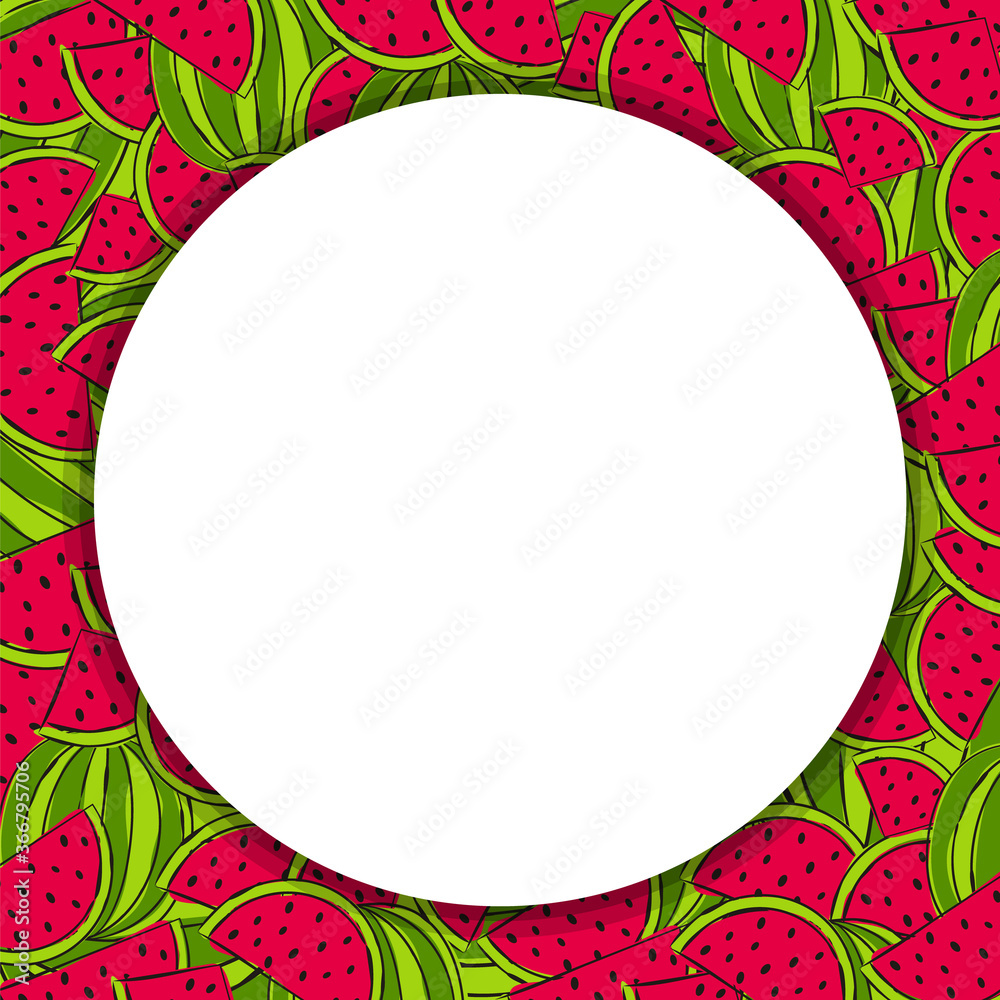 Watermelon round frame for card or banner. Bright summer template with ...