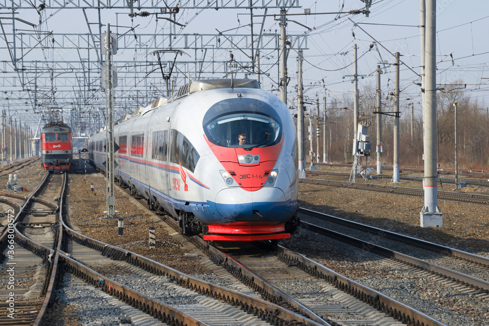 LENINGRAD REGION, RUSSIA - APRIL 09, 2018: Modern high-speed train EVS1 ...