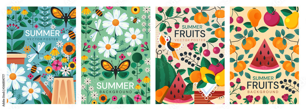 Four different colorful summer poster designs with garden flowers ...