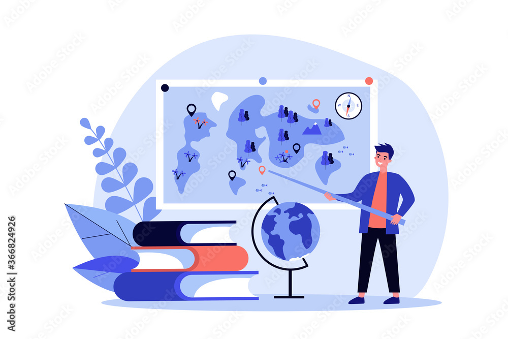 Geography teacher standing at blackboard, presenting travel world map ...