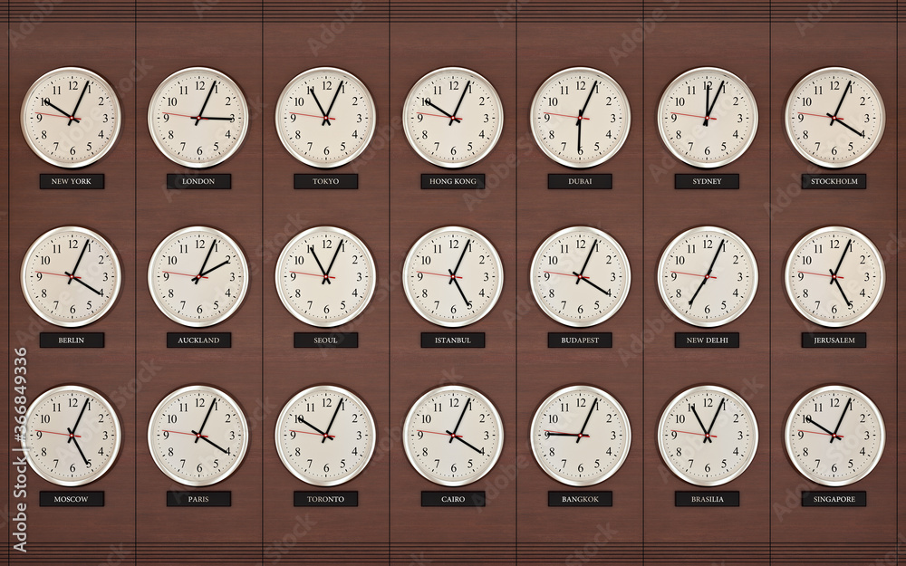 World wide time zone clock. Clocks on the wall, showing the time around ...
