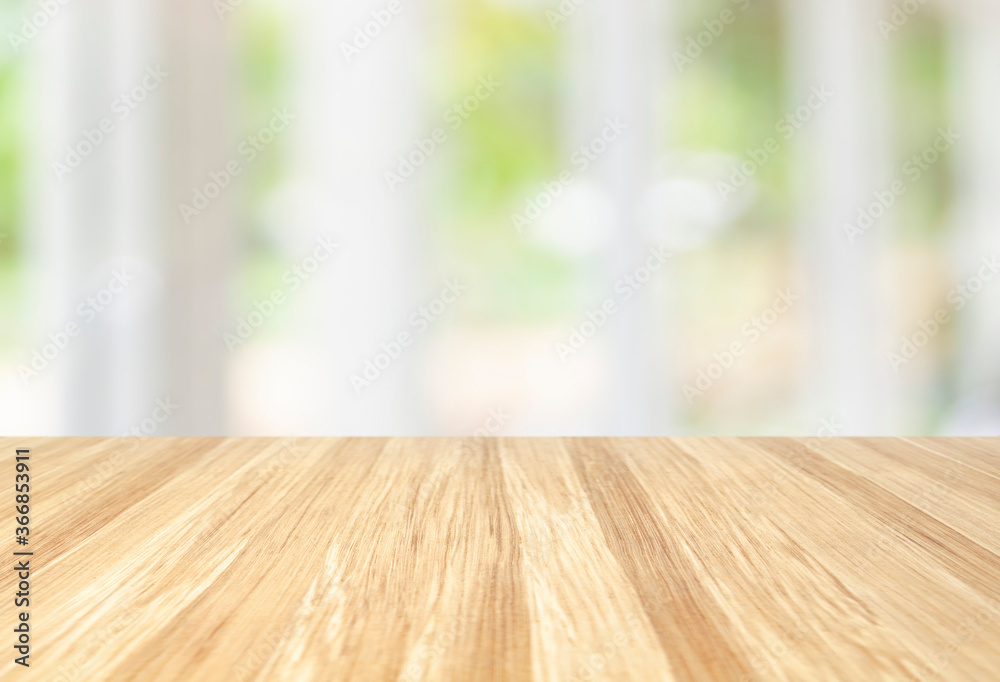beautiful empty wood table with blur modern white kitchen and coffee ...