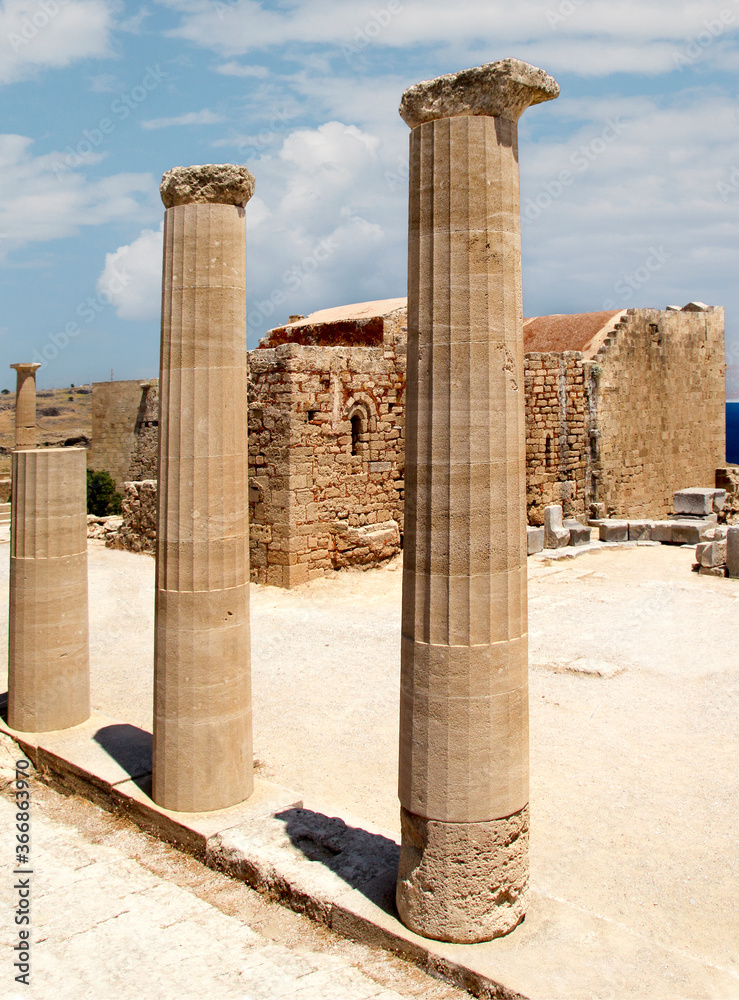 Acropolis of Lindos, the ruins of an ancient temple and the remains of ...