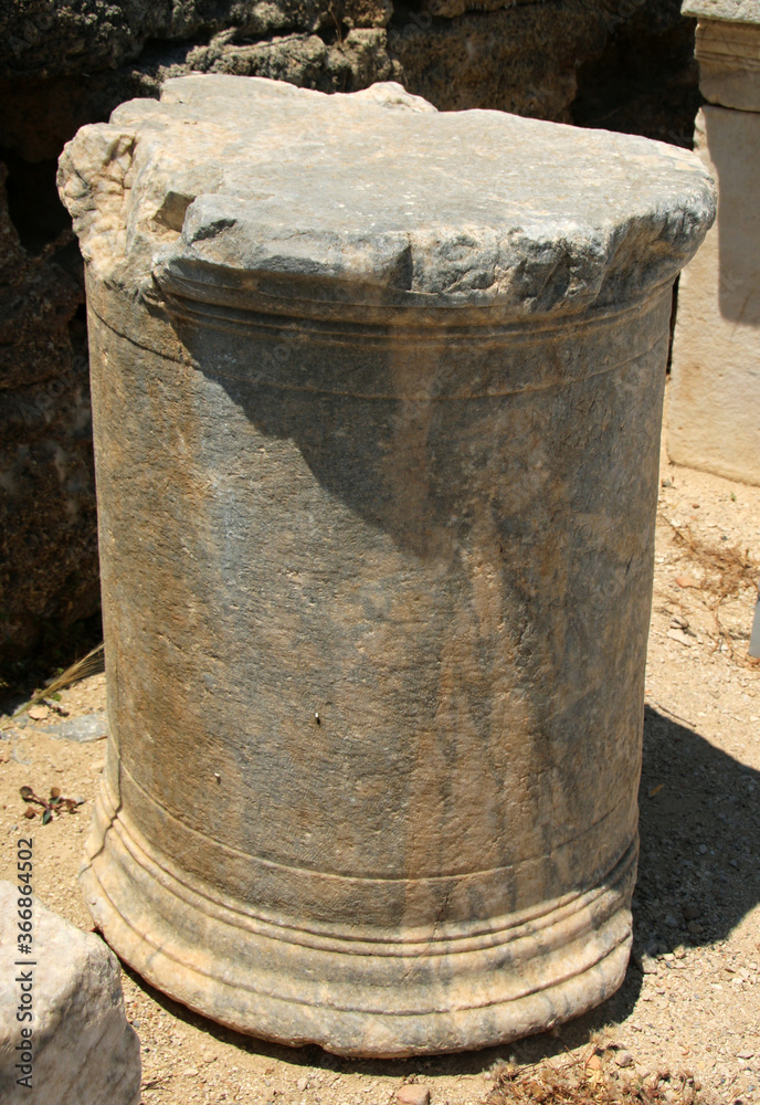Stone bases of statues, the Acropolis of Lindos, Greece. The ...