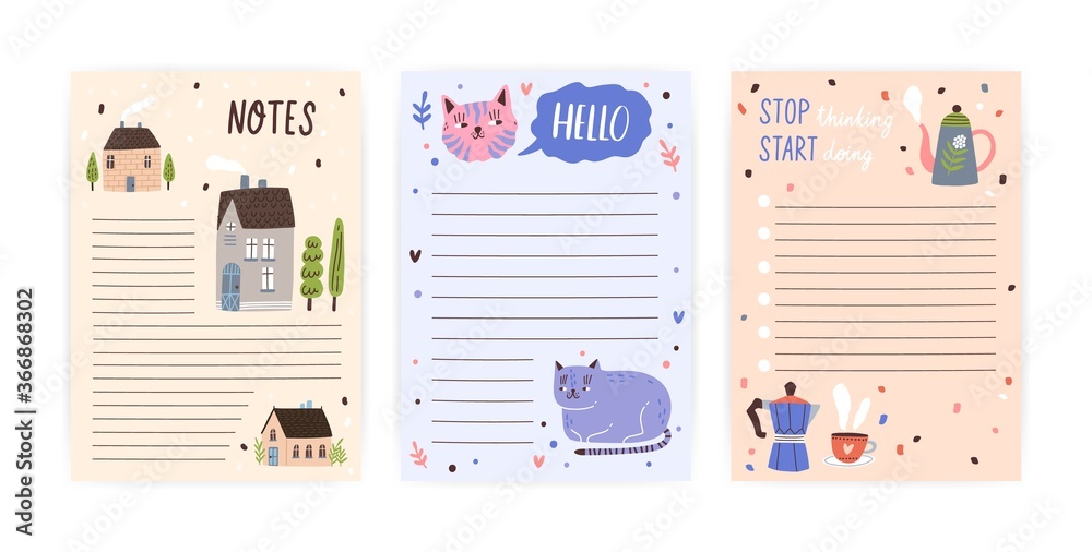 Set of childish, cute agenda, appointment notebook page with place for ...