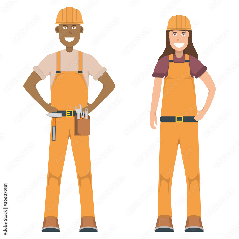 Character workman standing isolated on white, flat vector illustration ...