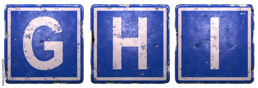 Set of public road sign in blue color with a capital white letters G, H ...