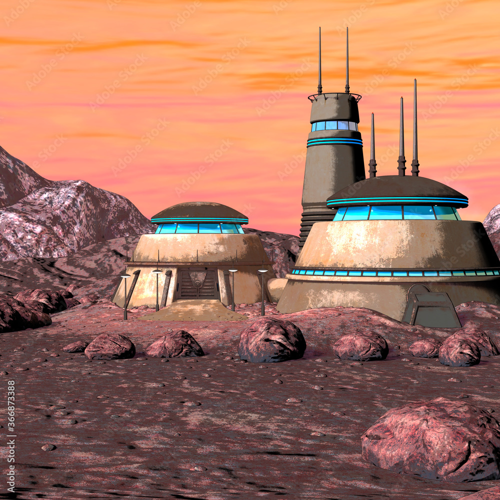 ภาพประกอบสต็อก 3d sci-fi cosmic outpost render in cartoon style ภาพ ...