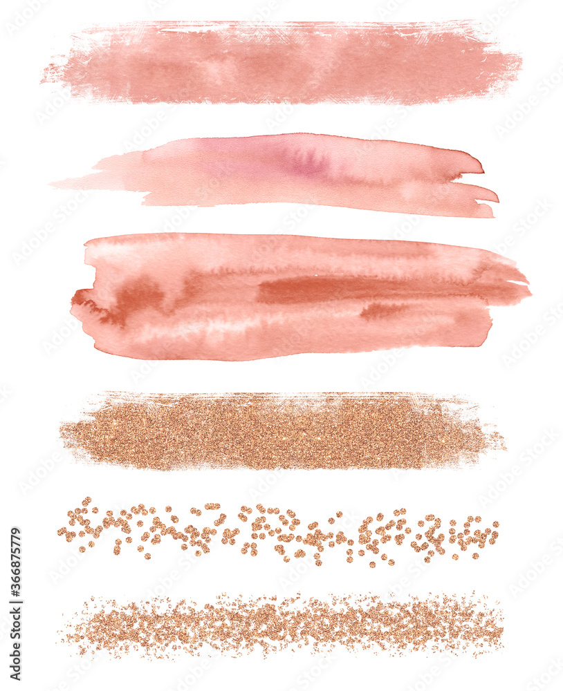 Watercolor set of pink and rose gold glitter brush stroke isolated on ...