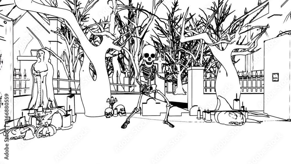 Seamless animation a dancing skeleton in a graveyard in hand drawn ...