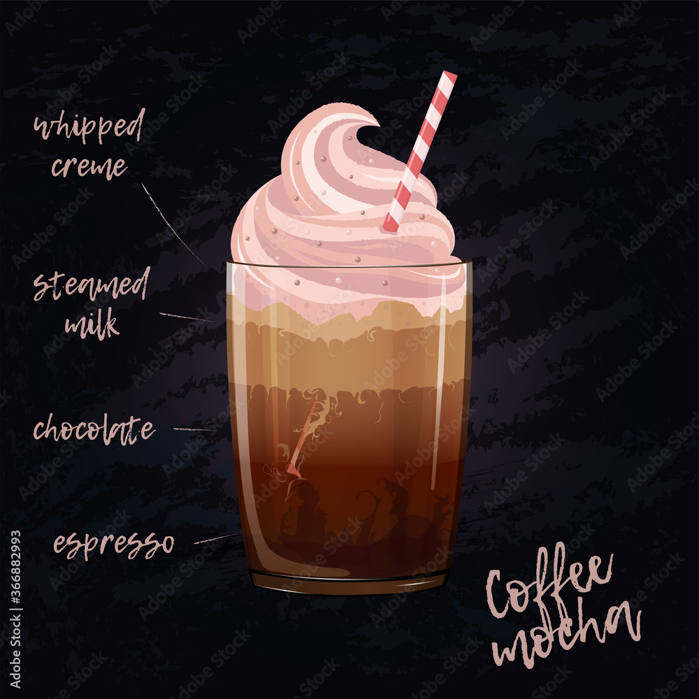 Coffee mocha vector illustration. A glass cup of frappe with whipped ...