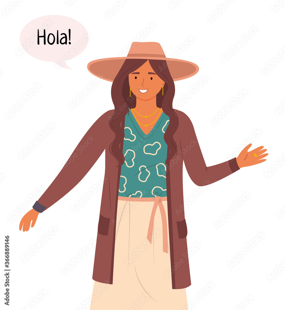 A young smiling Hispanic girl in national dress says Hello. Spanish ...