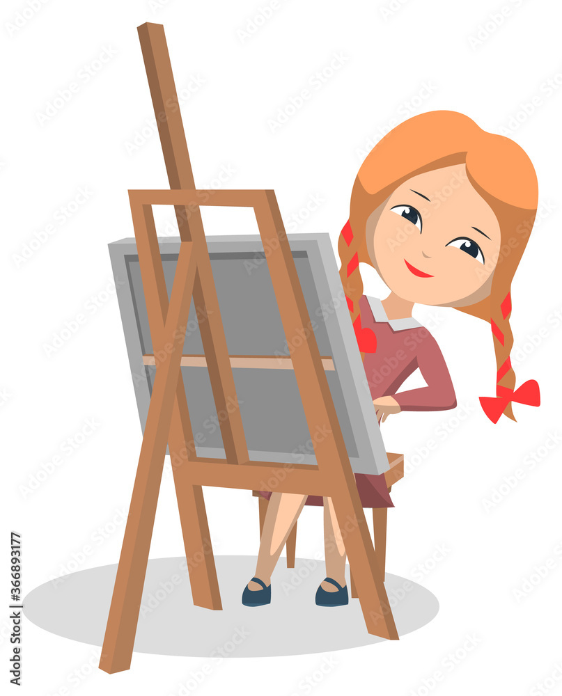 Art club after lessons for pupils. Ruddy little girl sitting on chair ...