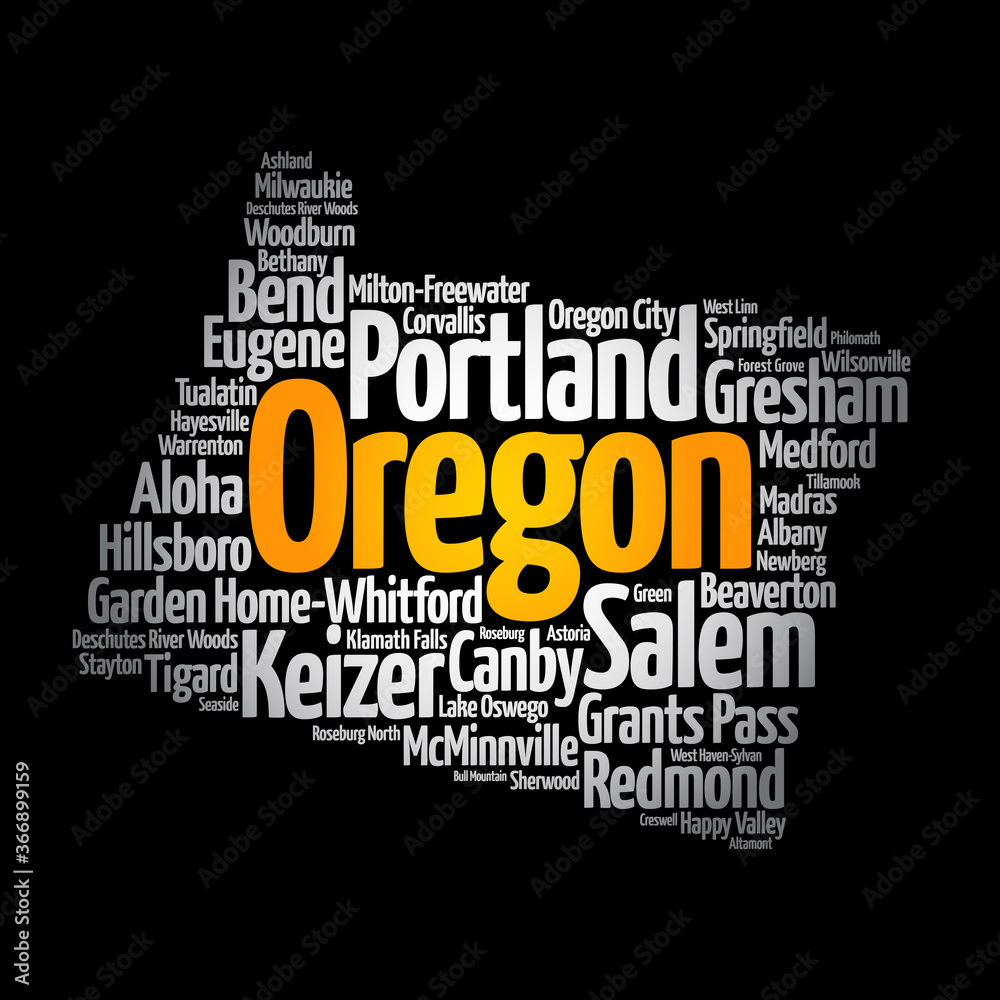 List of cities in Oregon USA state, map silhouette word cloud, map ...
