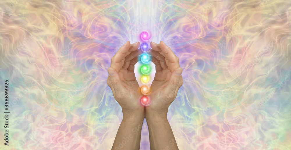 Sacred Chakras Healing Banner Concept - Female cupped hands with seven ...