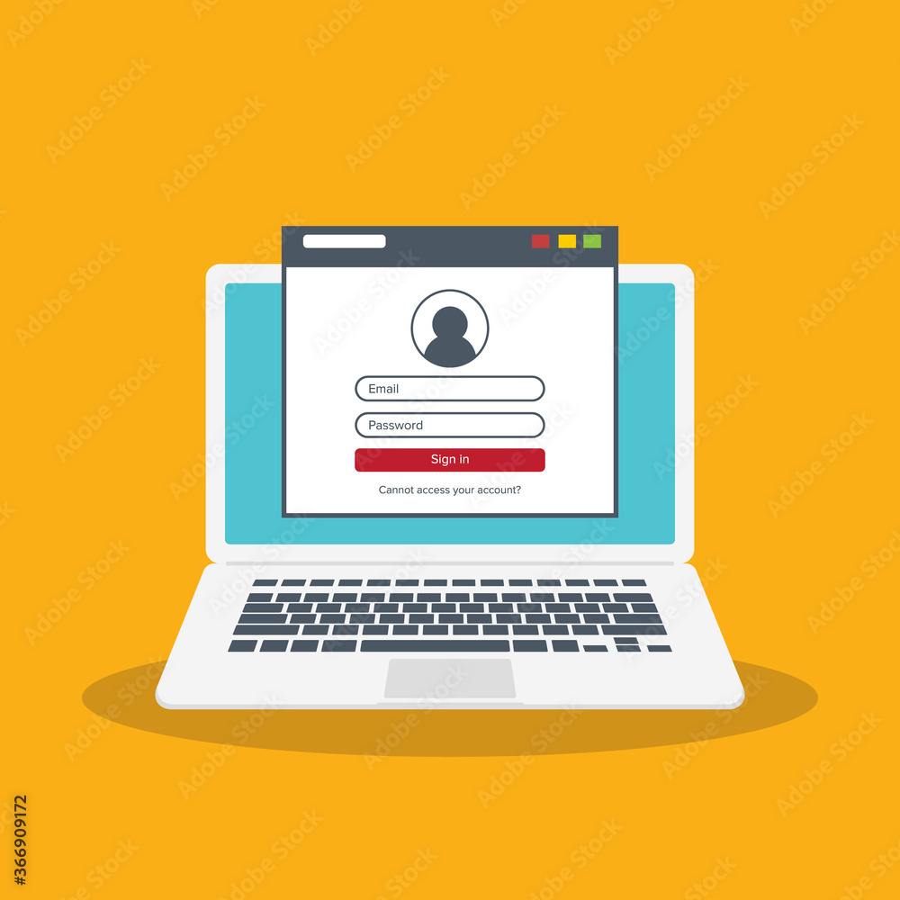 Login page on laptop screen. Notebook and online login form, sign in ...