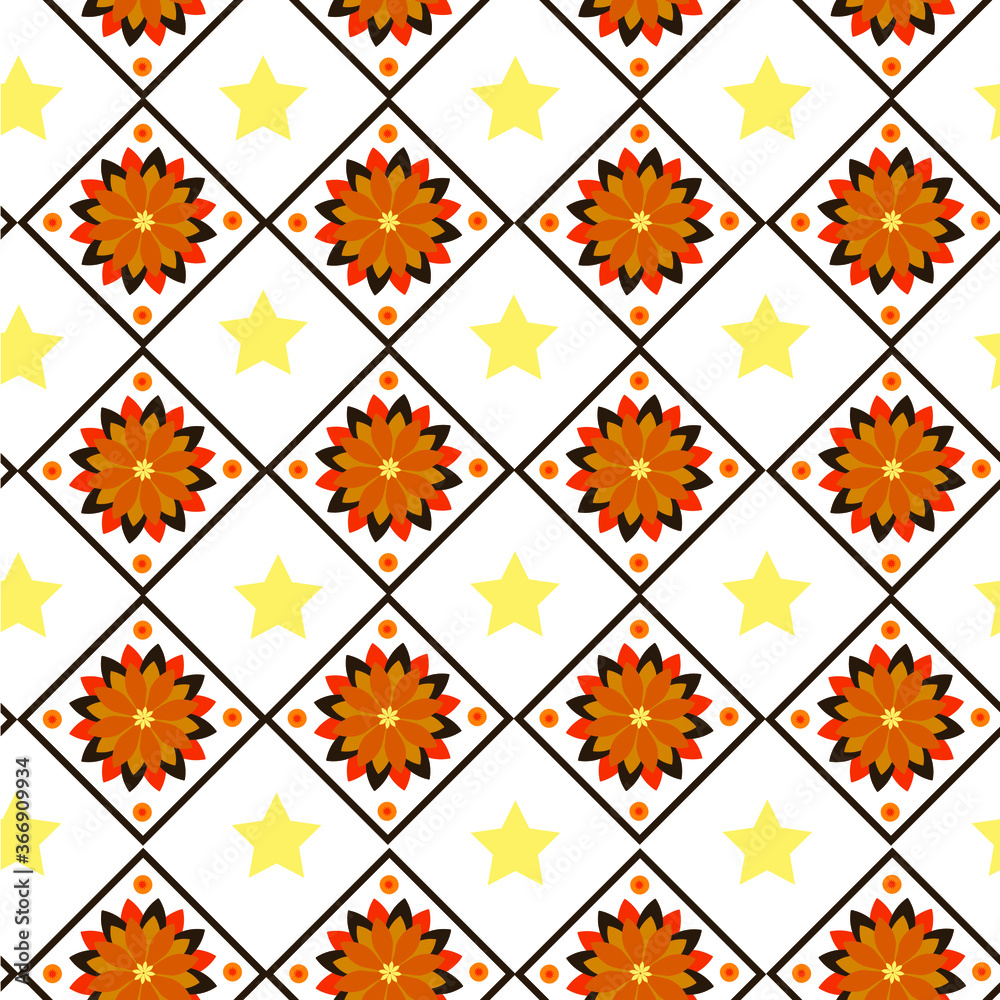 flowers pattern with squares, stars, and circles. vector illustration ...