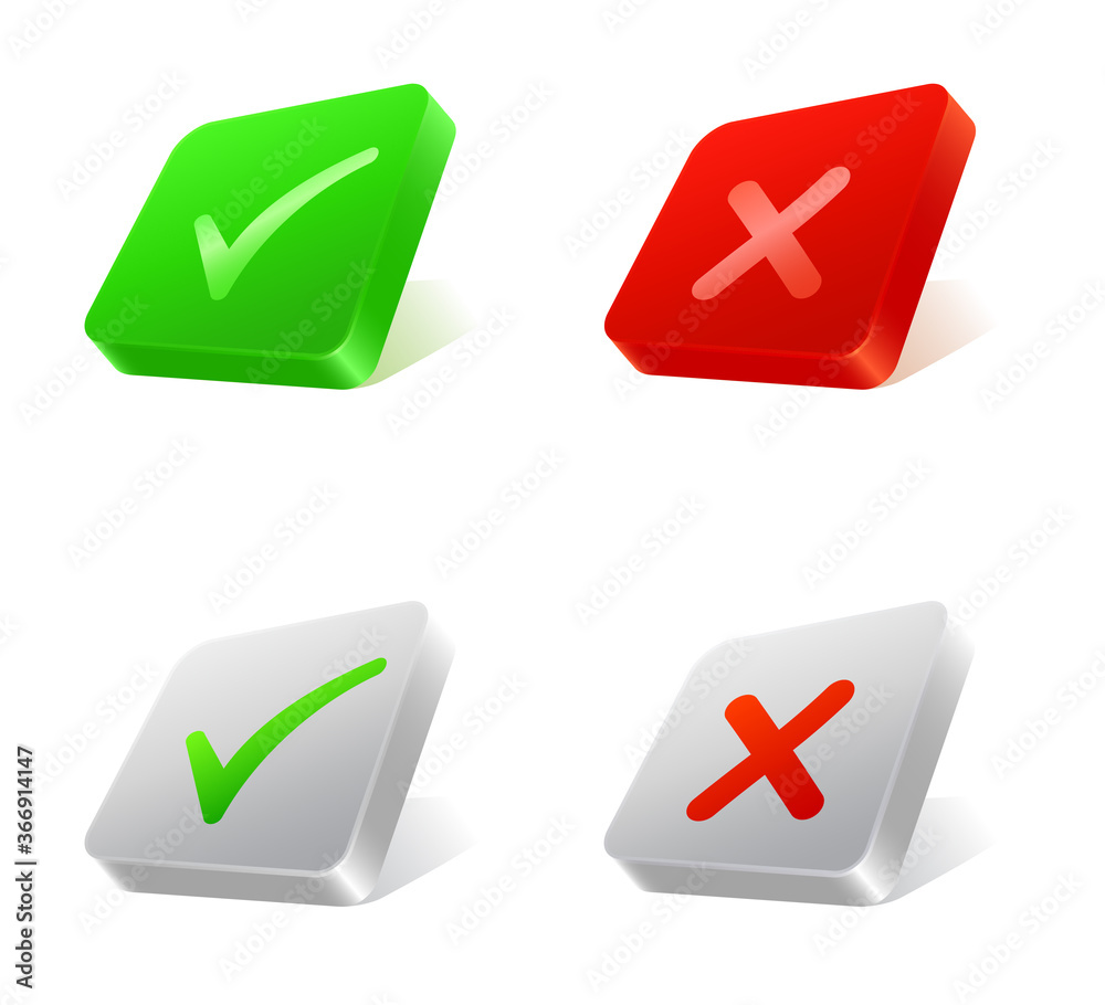 Cross and check mark icons. Green and red ticks for right and wrong choice on 3d metal square ...