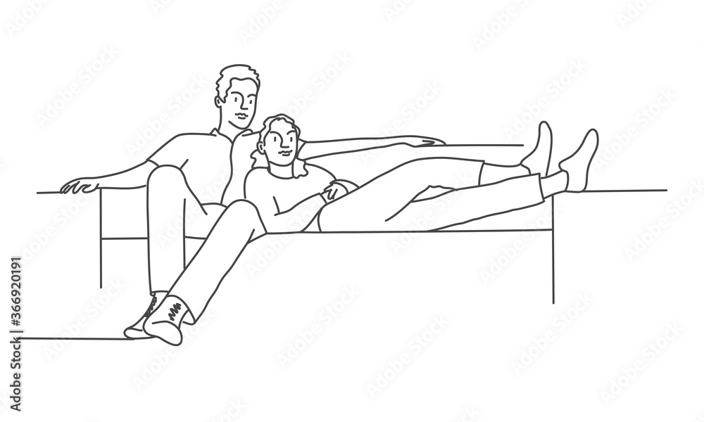 Couple are relaxing on the couch. Line drawing vector illustration ...