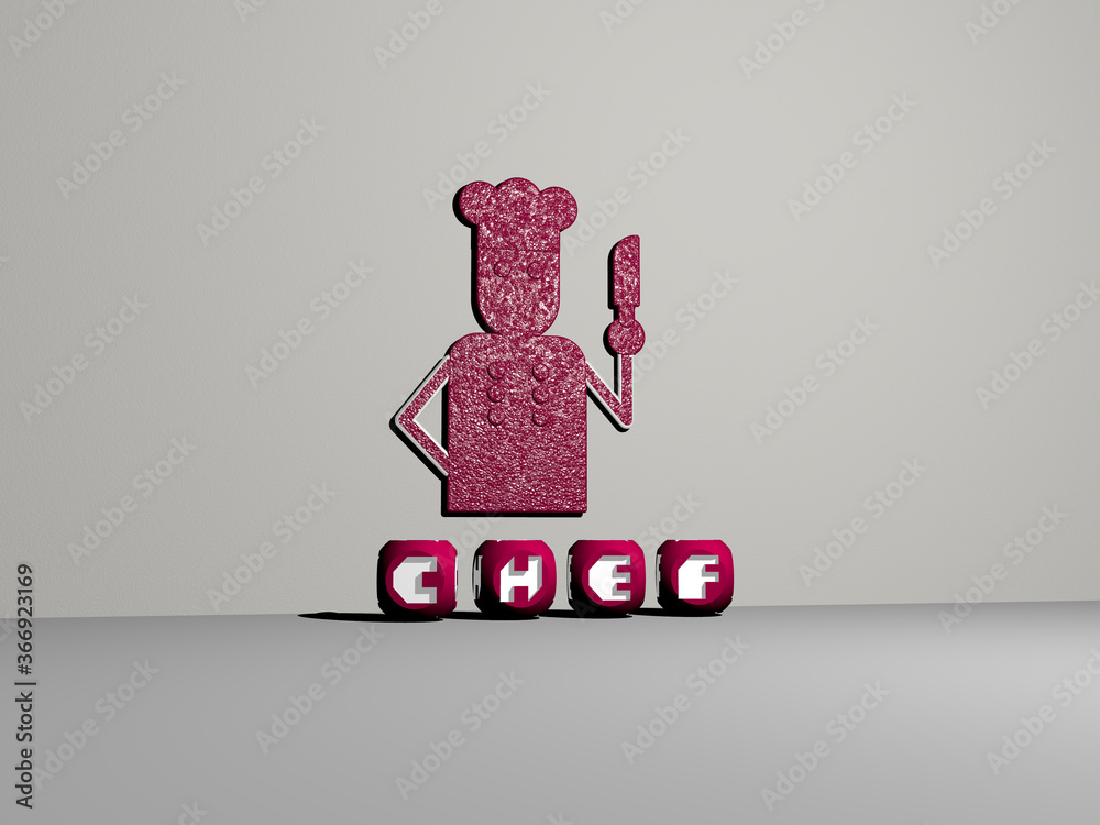 3D illustration of CHEF graphics and text made by metallic dice letters ...