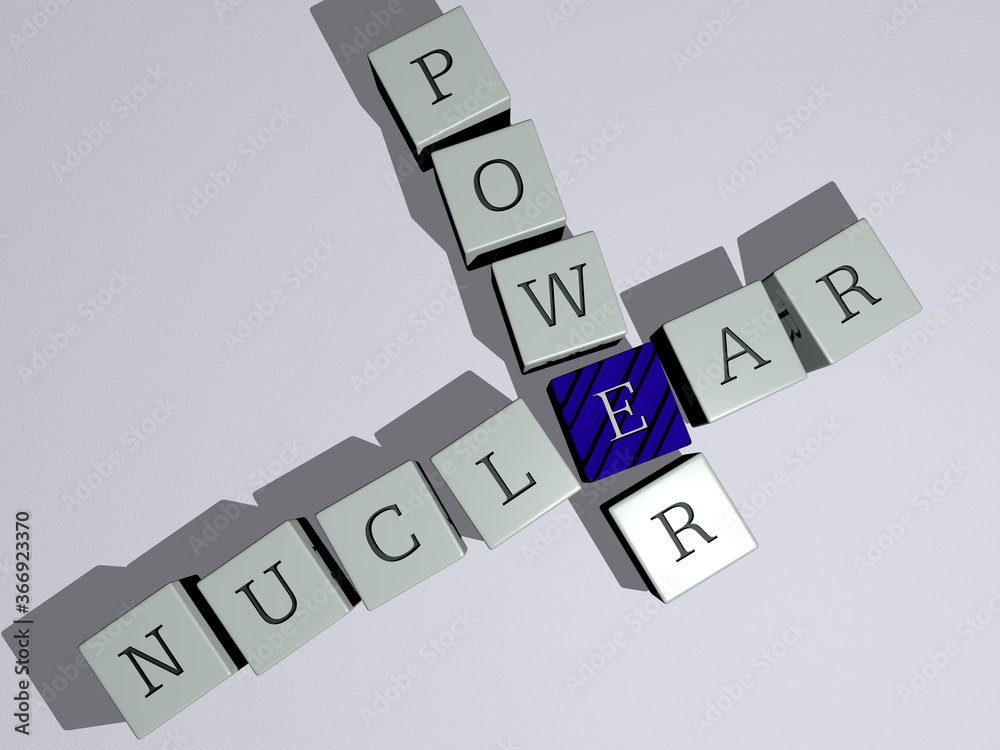crosswords of NUCLEAR POWER arranged by cubic letters on a mirror floor ...